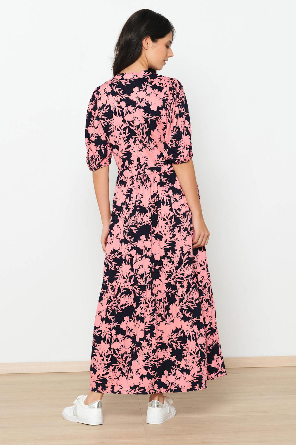 LOLALIZA maxi jurk met all over print en volant roze/donkerblauw | wehkamp
