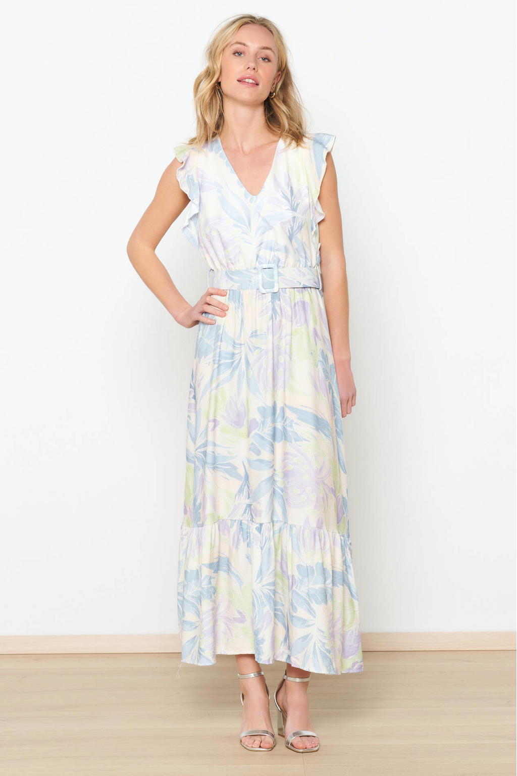 LOLALIZA maxi jurk met all over print en ruches ecru/multi | wehkamp