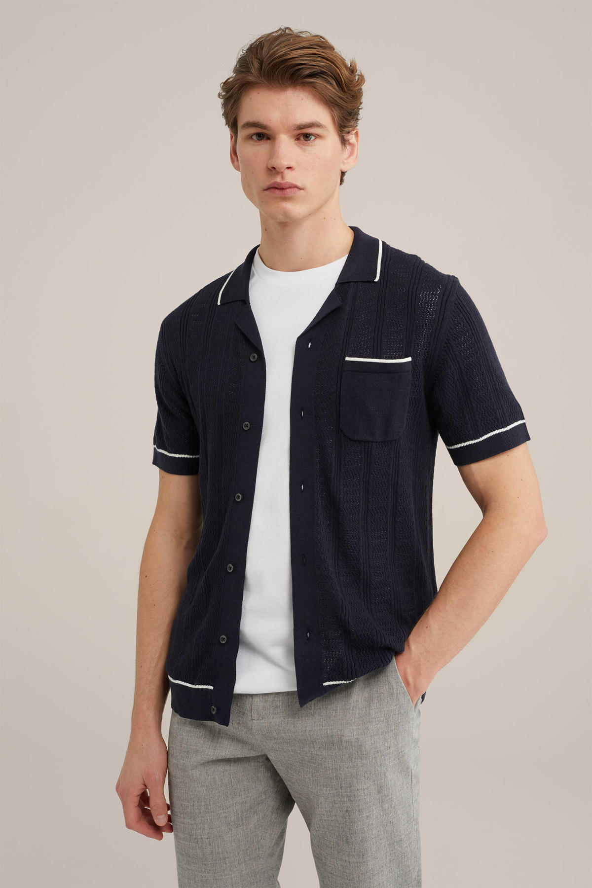 WE Fashion fijngebreid regular fit overhemd met ingebreid patroon heavy ...
