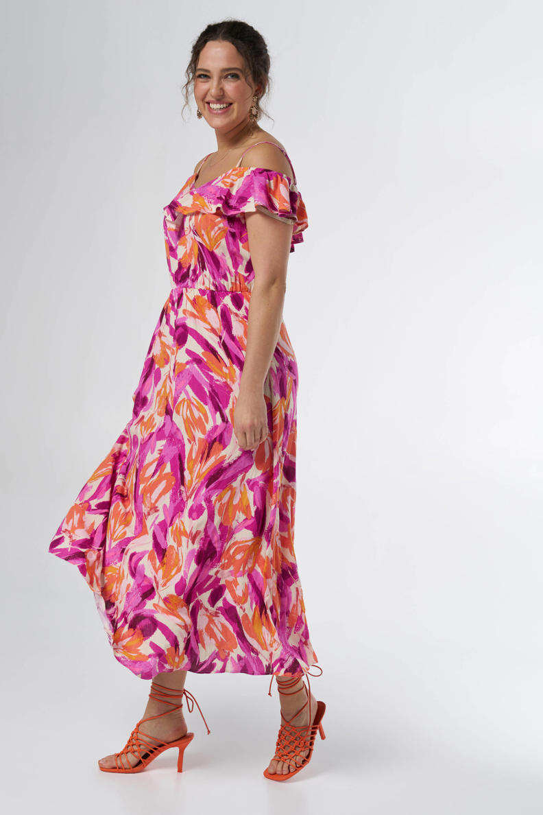 MS Mode off shoulder maxi jurk met all over print en ruches paars/oranje/ecru | wehkamp