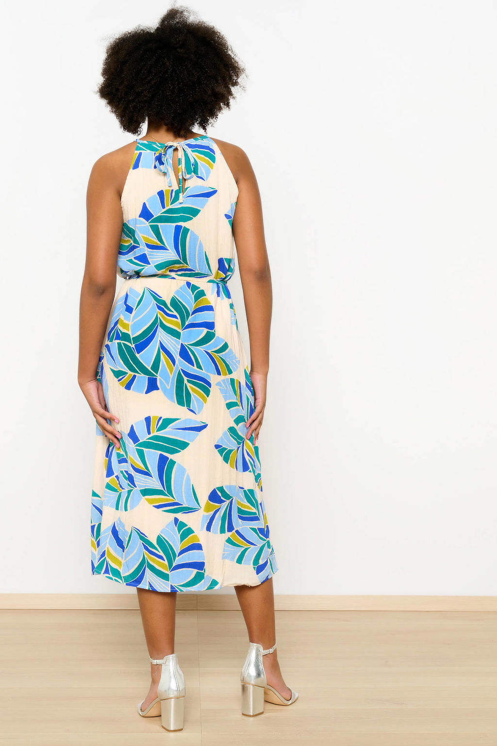 LOLALIZA halter jurk met all over print en ceintuur blauw/geel | wehkamp