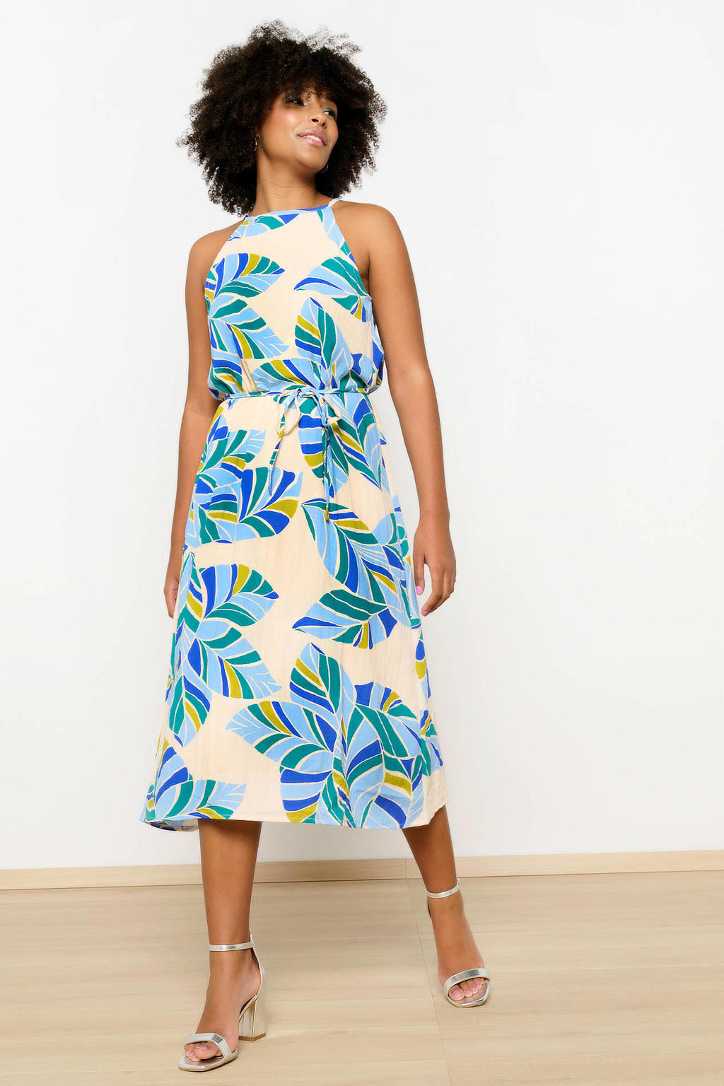 LOLALIZA halter jurk met all over print en ceintuur blauw/geel | wehkamp