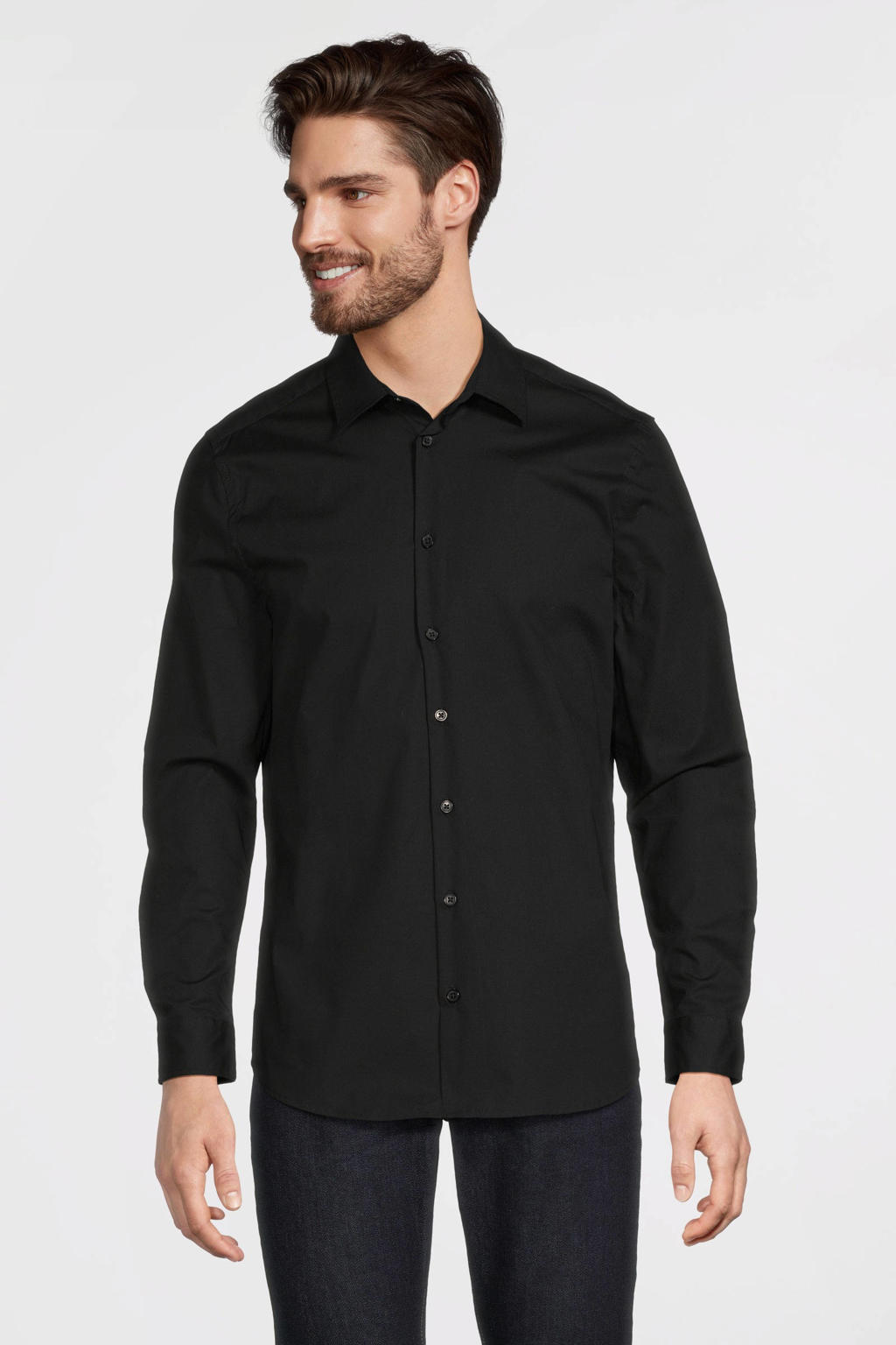 anytime slim fit poplin overhemd zwart | wehkamp
