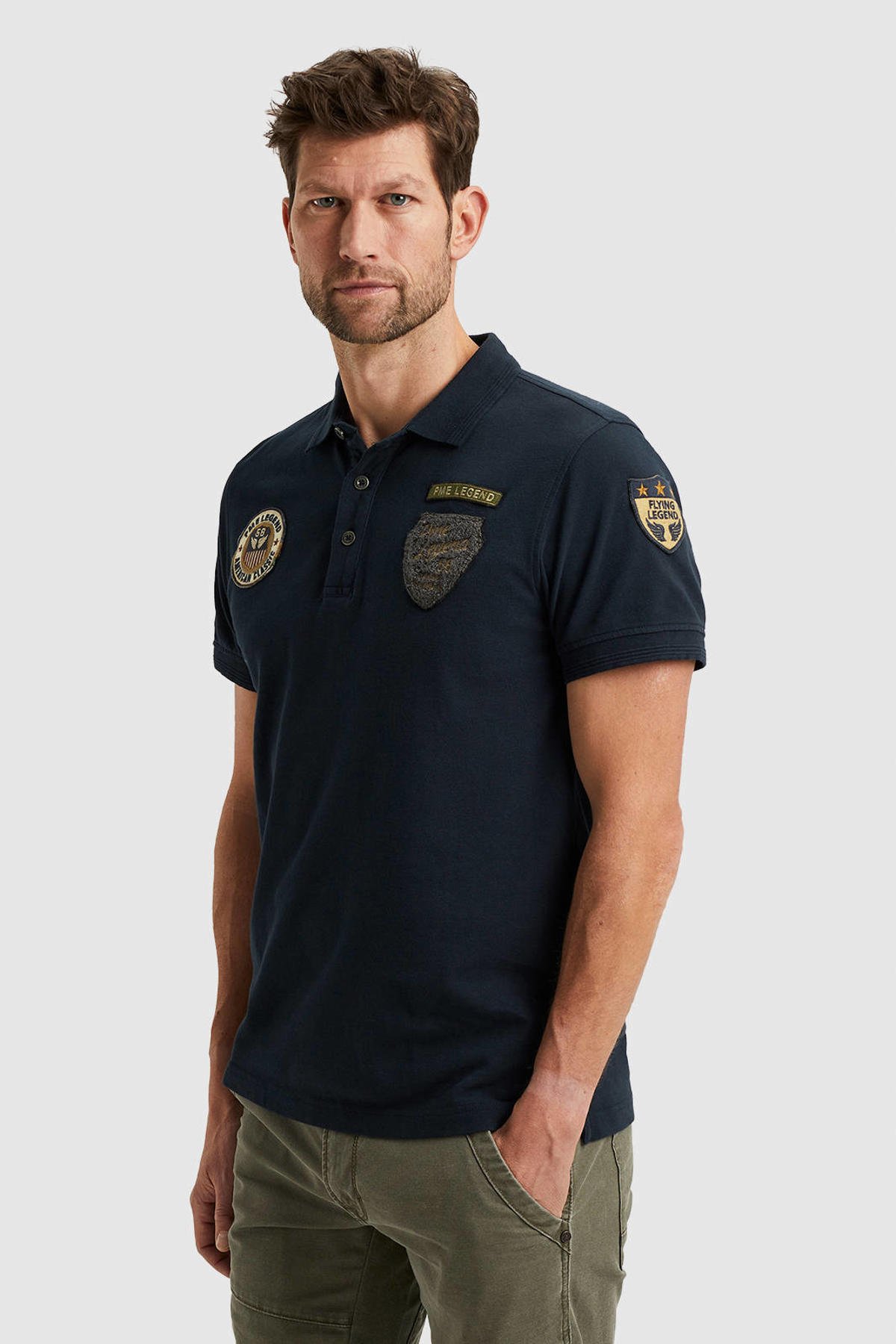 PME Legend regular fit polo met printopdruk en patches donkerblauw ...