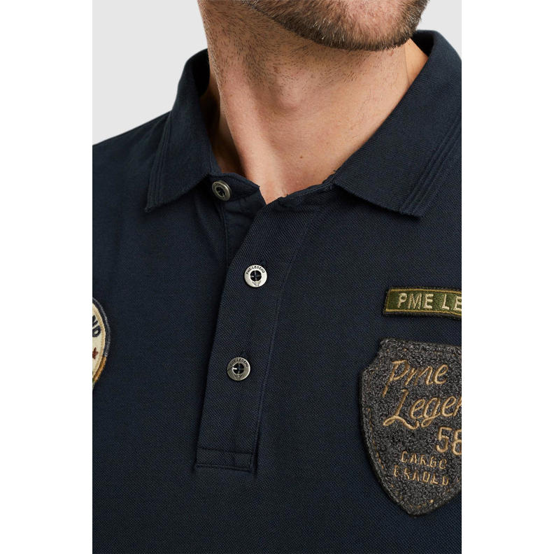 PME Legend regular fit polo met printopdruk en patches donkerblauw ...