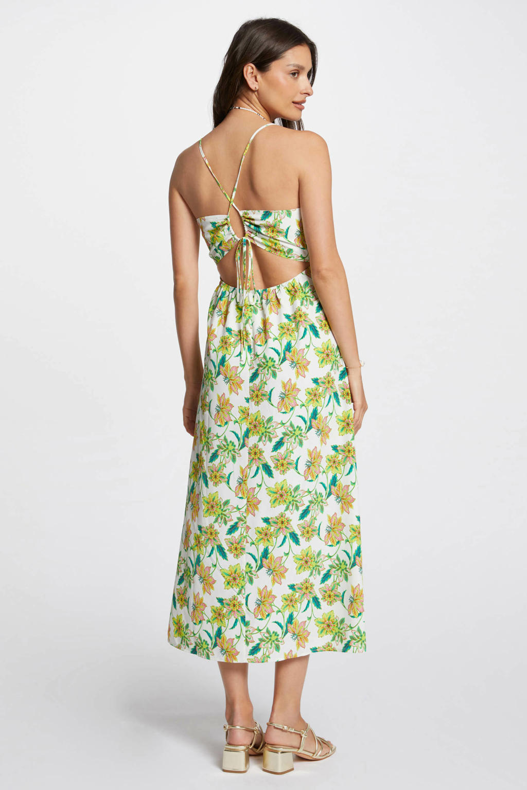 Morgan gebloemde A-lijn jurk met open rug ecru/groen/geel | wehkamp