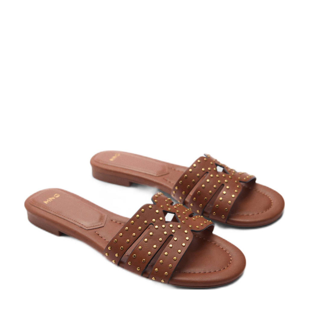 Mango slippers met studs cognac | wehkamp