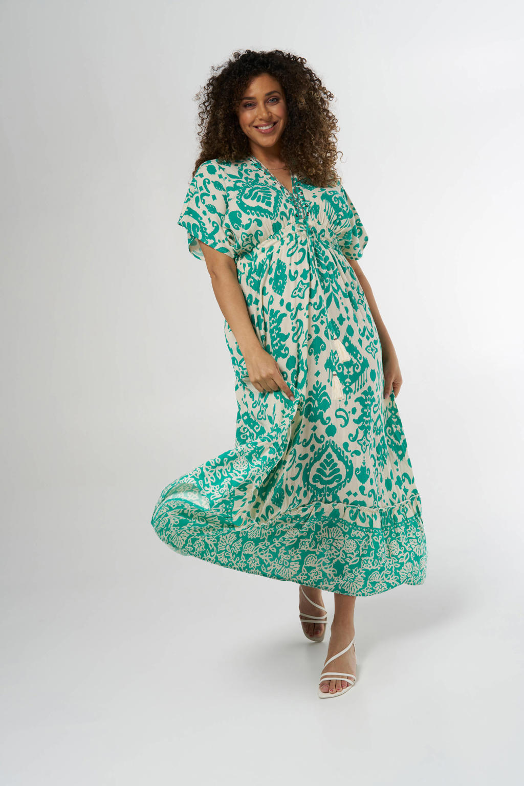 MS Mode maxi jurk met all over print en volant groen/beige | wehkamp