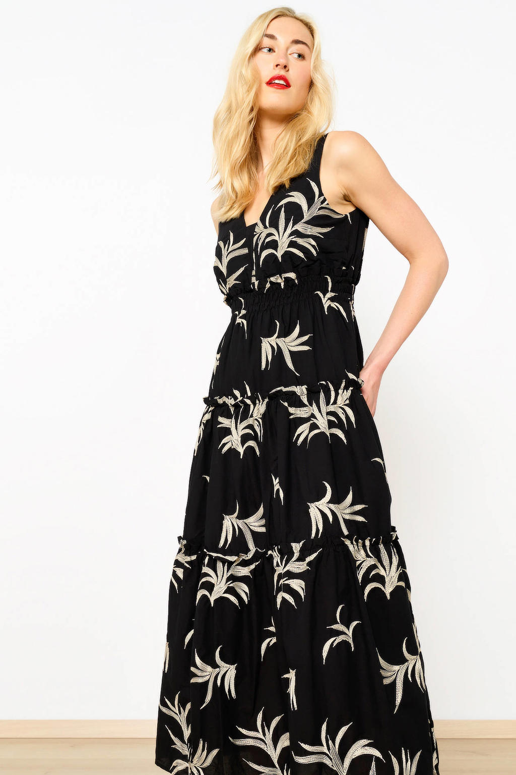 LOLALIZA EXclusive jurk met all over print en volant met open rug zwart/ecru | wehkamp