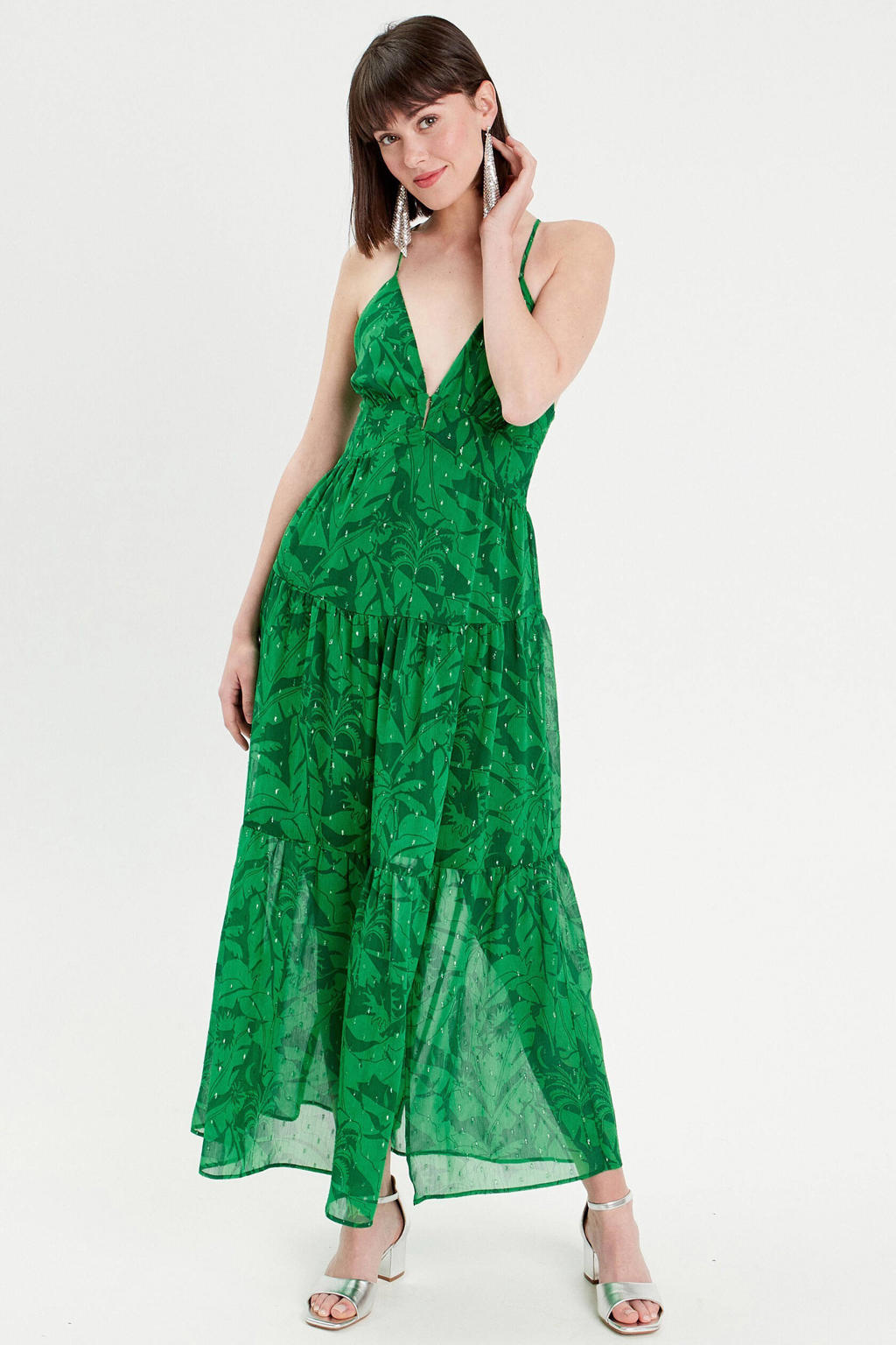 Cache Cache semi-transparante maxi jurk met all over print en volant groen | wehkamp