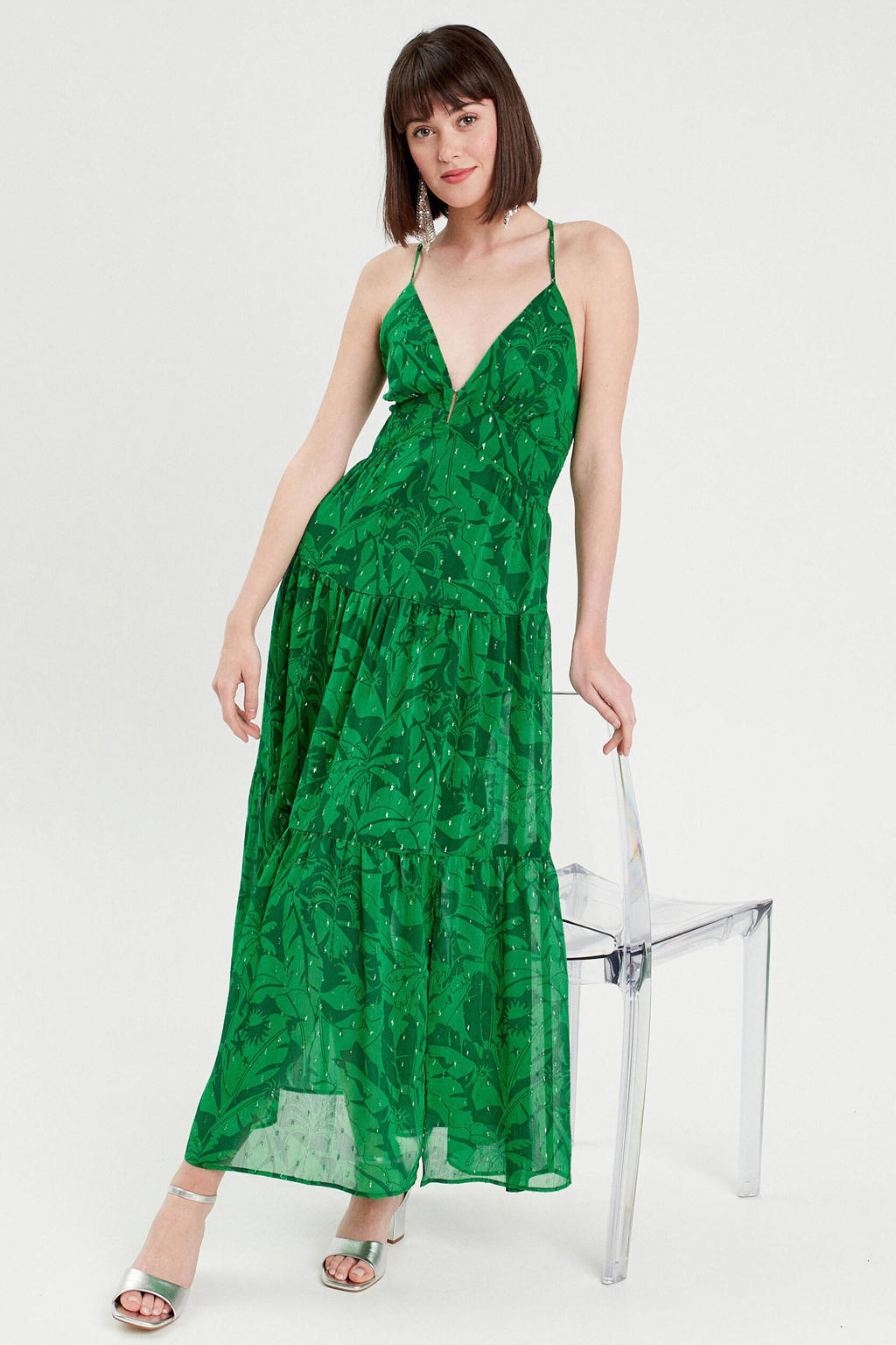 Cache Cache semi-transparante maxi jurk met all over print en volant groen | wehkamp