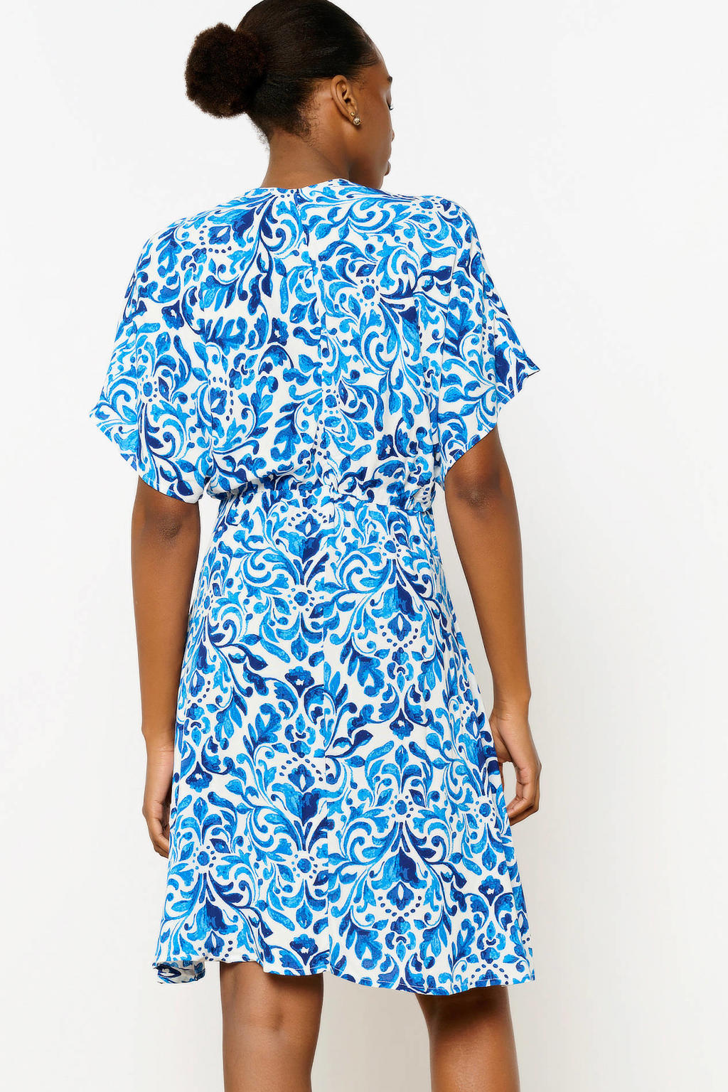 LOLALIZA jurk met all over print en ruches blauw/ecru | wehkamp