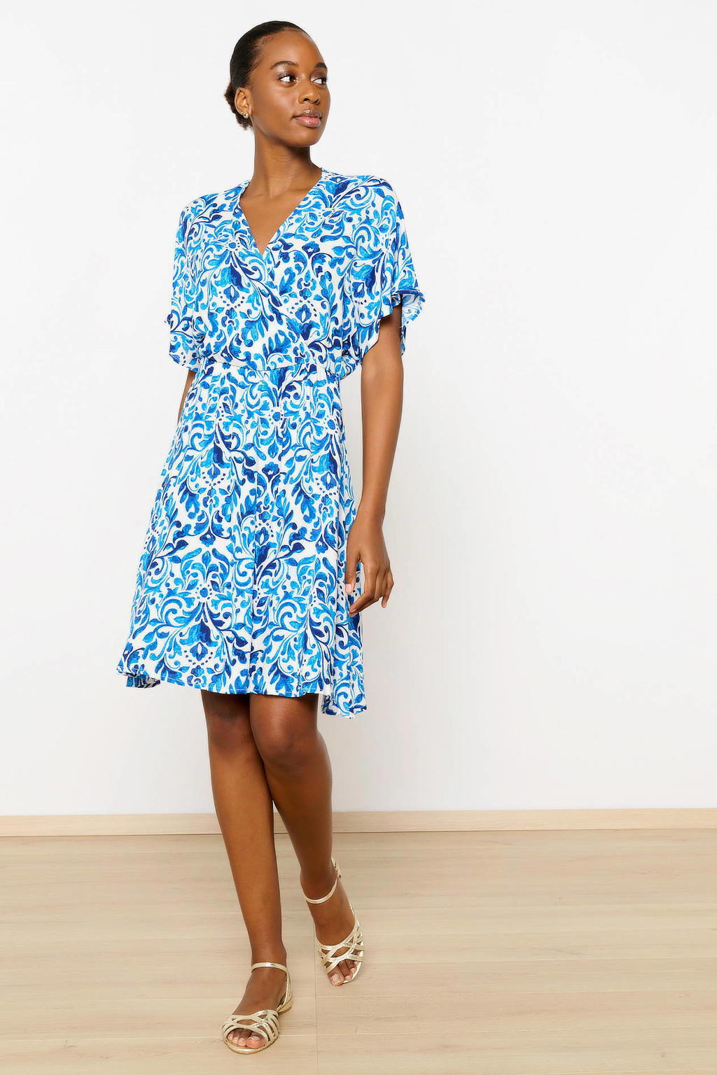 LOLALIZA jurk met all over print en ruches blauw/ecru | wehkamp