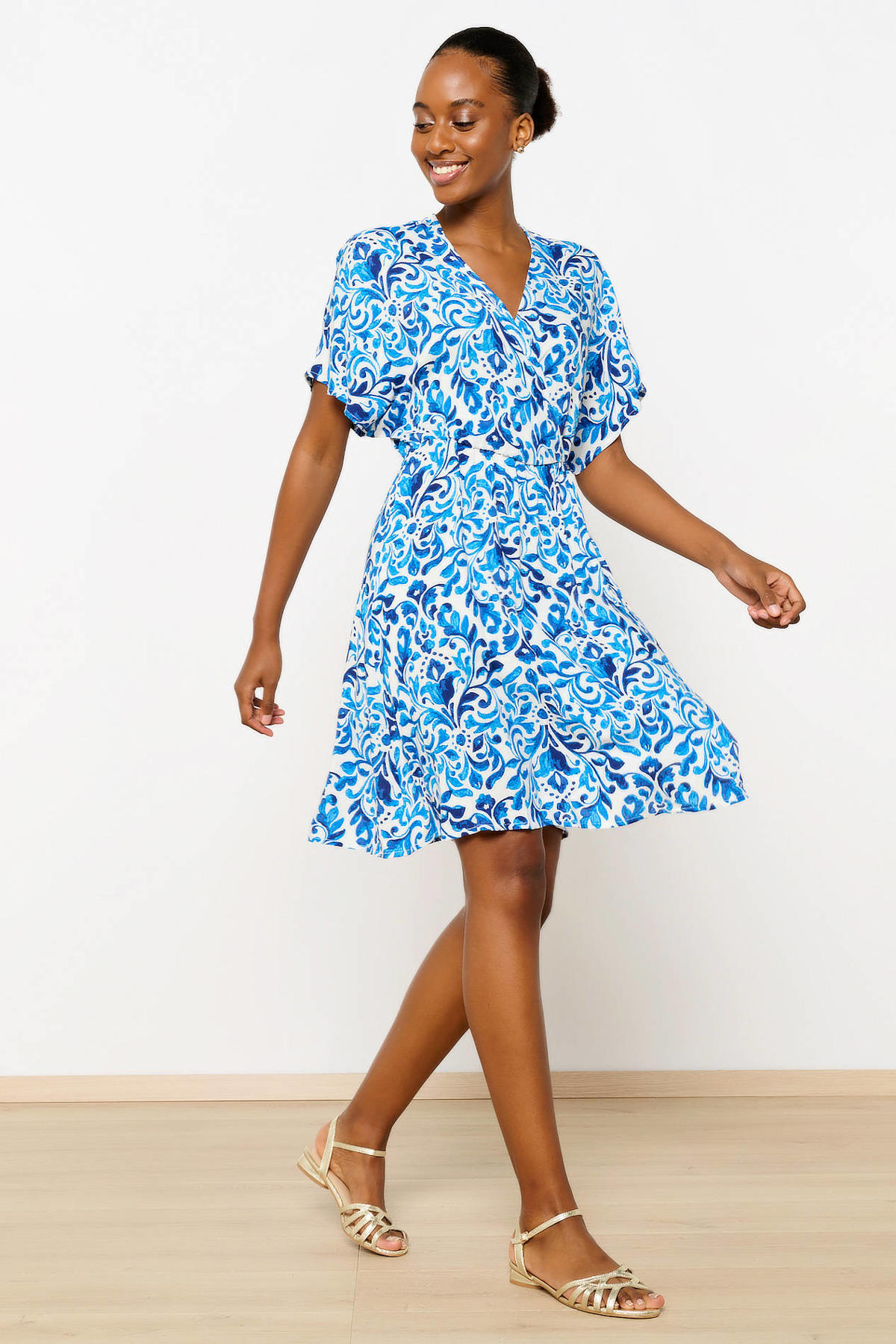 LOLALIZA jurk met all over print en ruches blauw/ecru | wehkamp