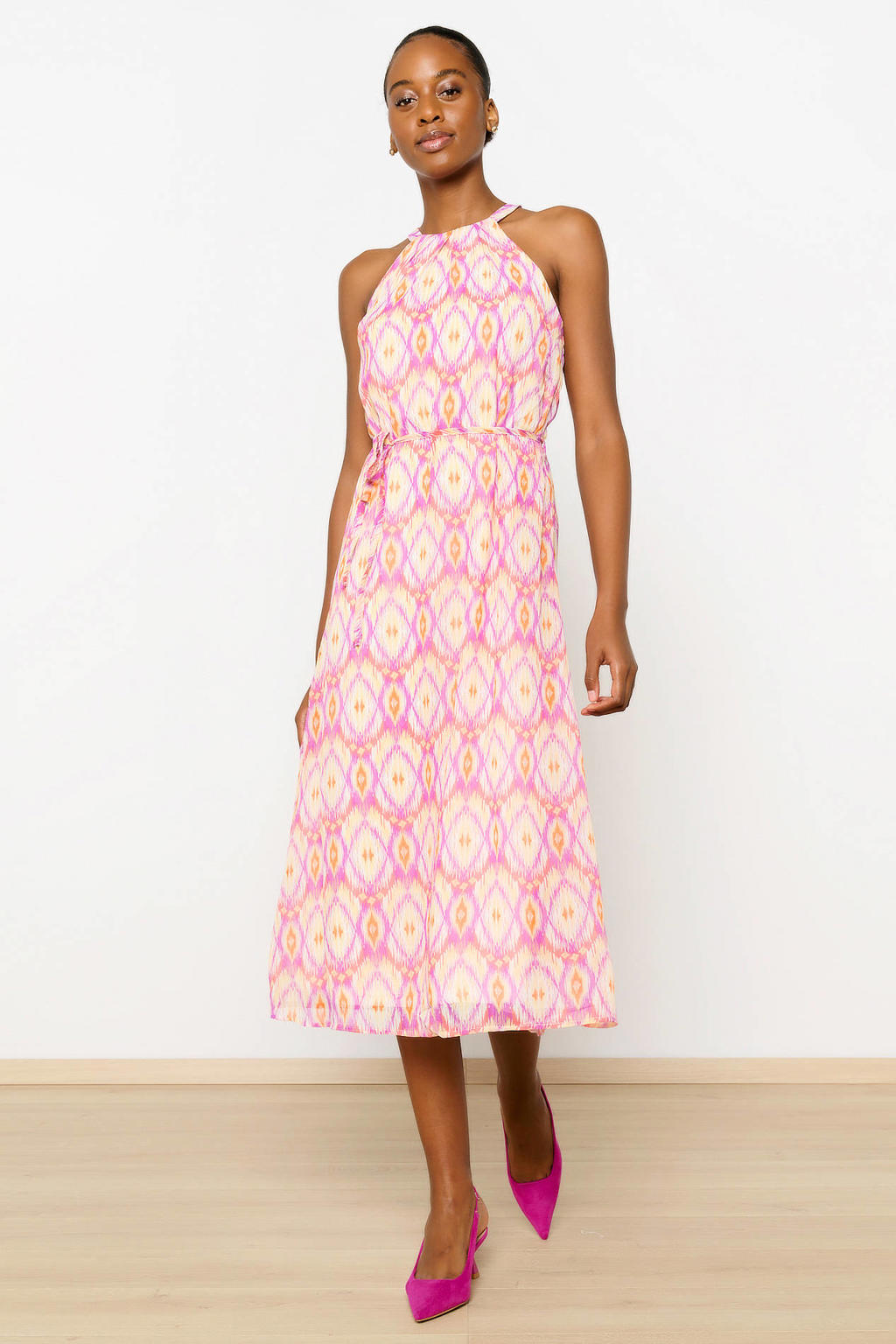 LOLALIZA halter jurk met all over print en open detail roze/paars/beige | wehkamp