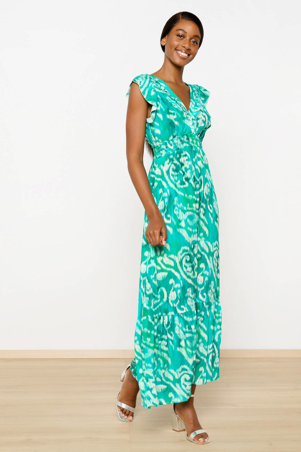 LOLALIZA maxi jurk met all over print en volant turquoise/wit | wehkamp