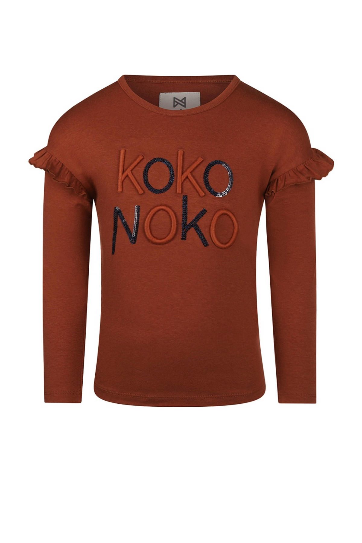 Koko Noko longsleeve met logo en ruches bruin/zwart | wehkamp