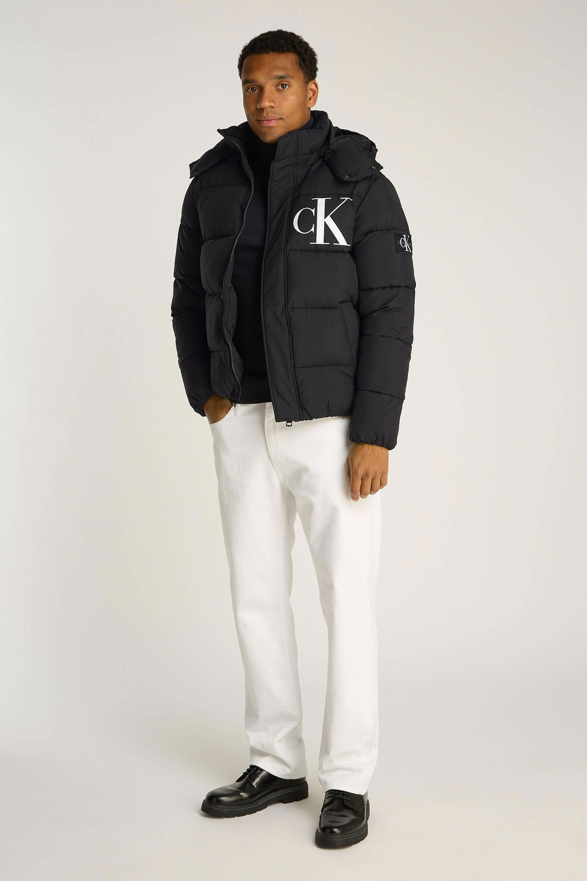 CALVIN KLEIN JEANS gewatteerde winterjas met logo zwart | wehkamp