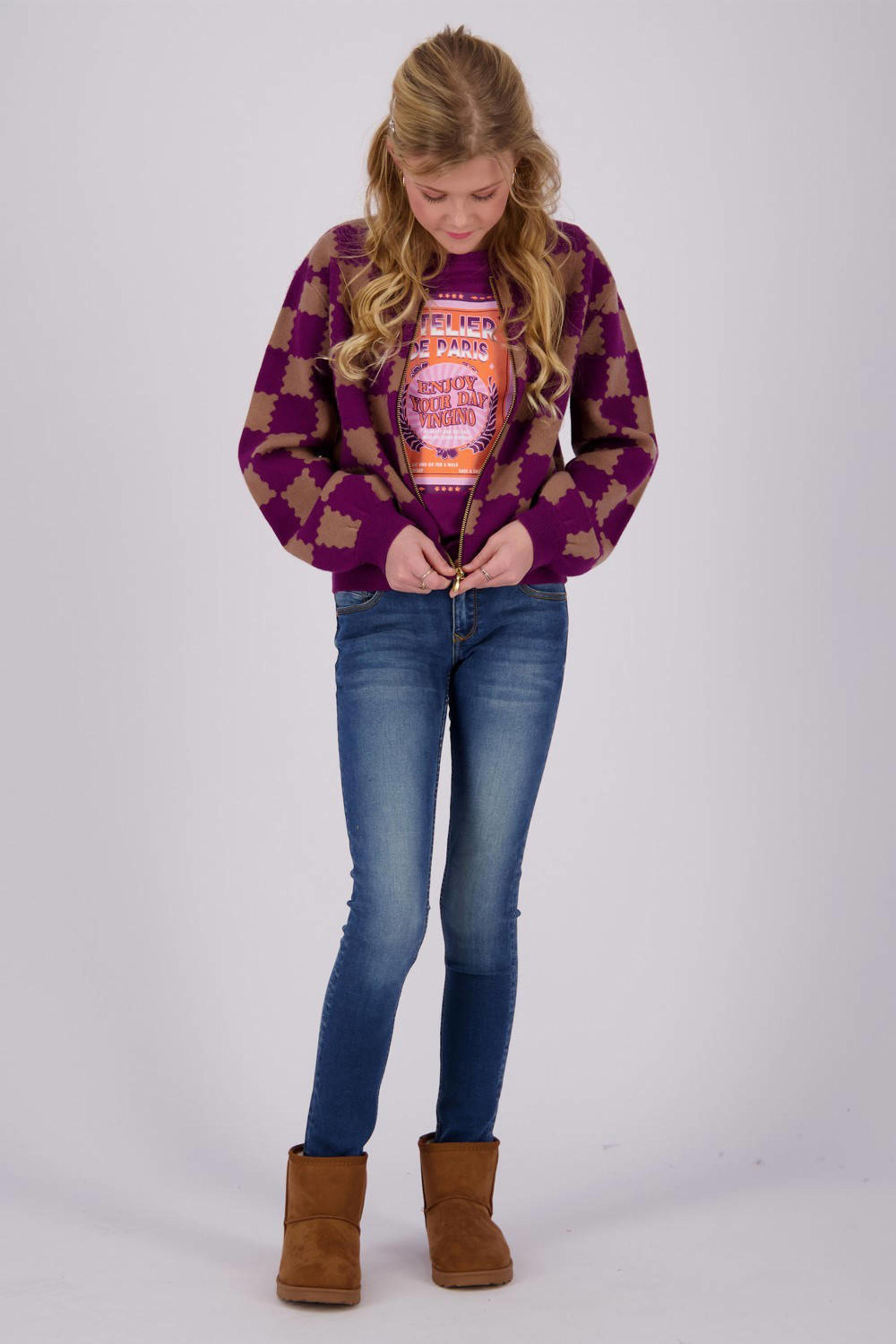 Vingino geruit fijngebreid vest Maniek paars/lichtbruin | wehkamp