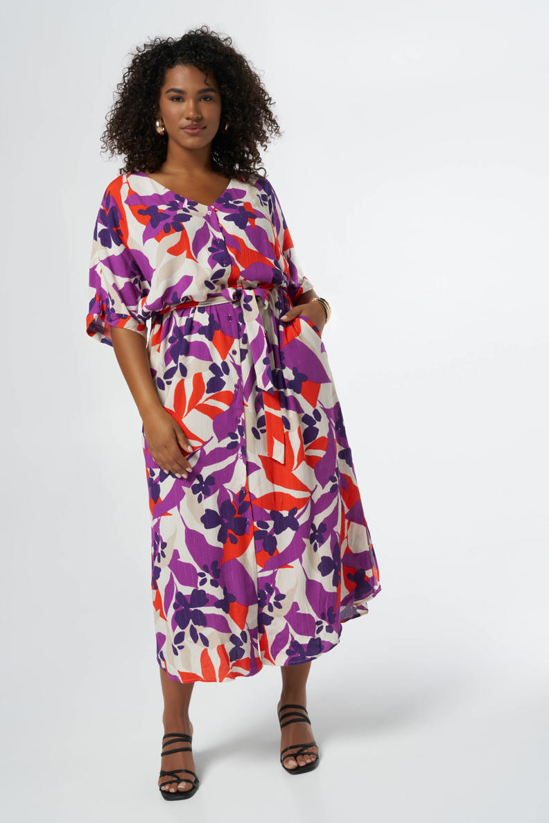 MS Mode maxi blousejurk met all over print en ceintuur paars/rood/wit | wehkamp