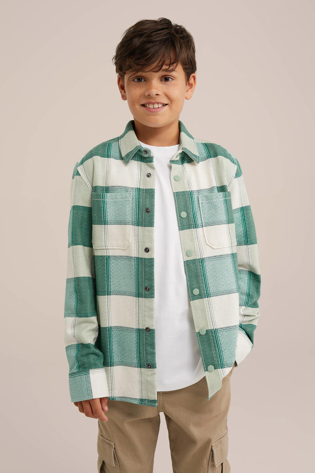 WE Fashion Blue Ridge geruit overhemd groen/ecru | wehkamp