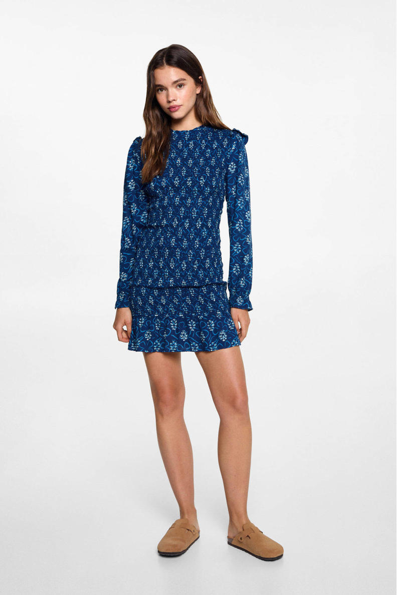 MANGO TEEN A-lijn jurk met all over print en ruches donkerblauw/blauw | wehkamp