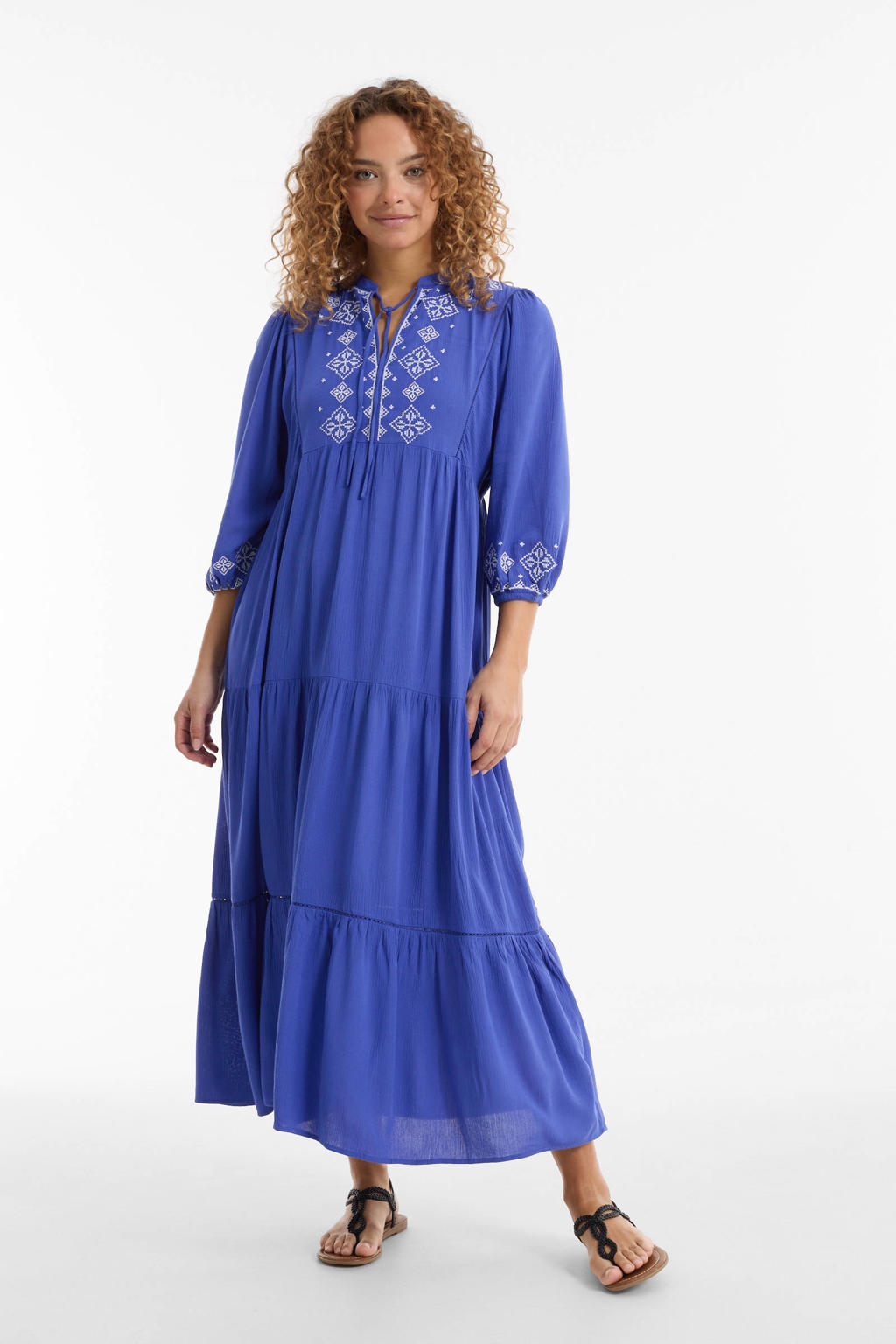 anytime midi jurk met borduursel blauw | wehkamp