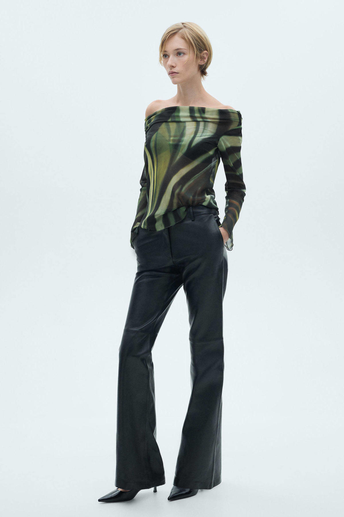 Mango mesh top met all over print groen/zwart | wehkamp