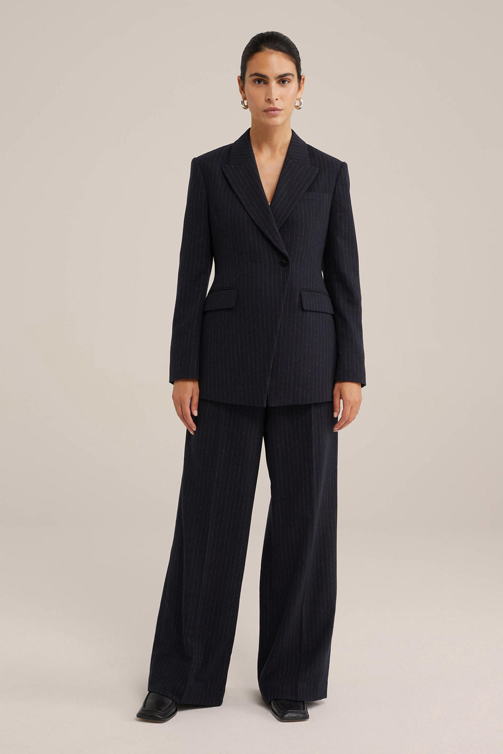 WE STUDIO rechtvallende blazer met wol en krijtstreep donkerblauw | wehkamp