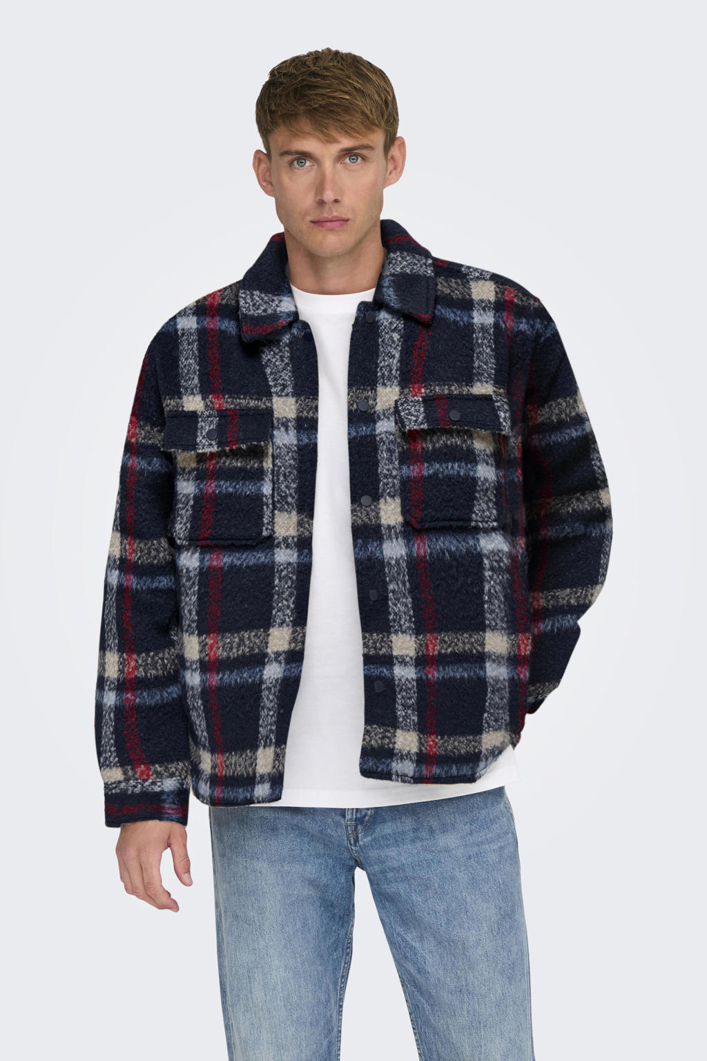 ONLY & SONS geruite jas ONSGIO donkerblauw | wehkamp