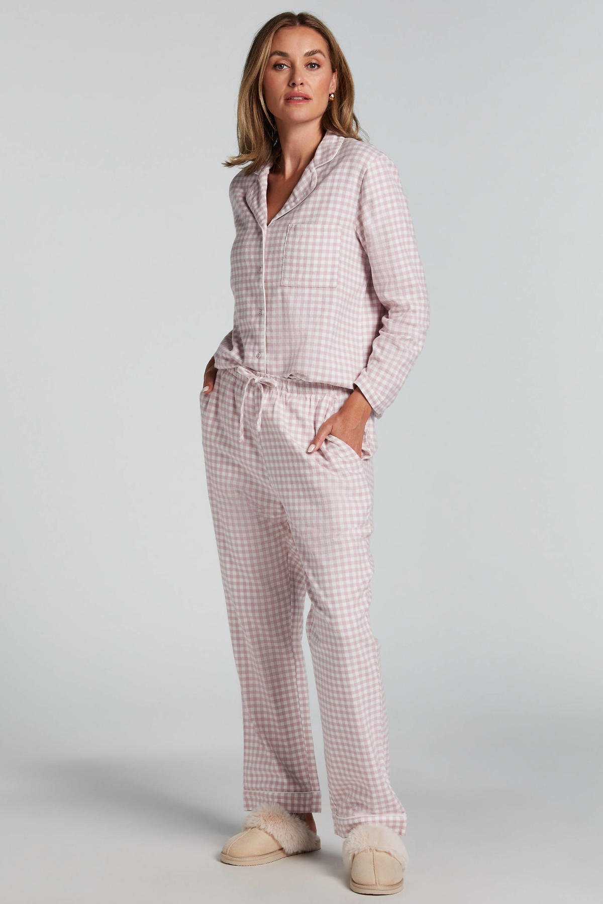 Hunkemöller flanellen pyjamabroek roze/wit | wehkamp