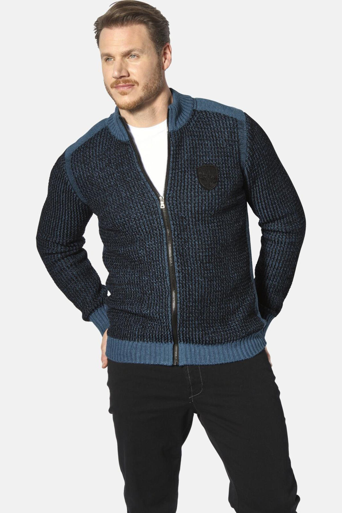 Jan Vanderstorm gebreid vest HALSTEN Plus Size donkerblauw | wehkamp