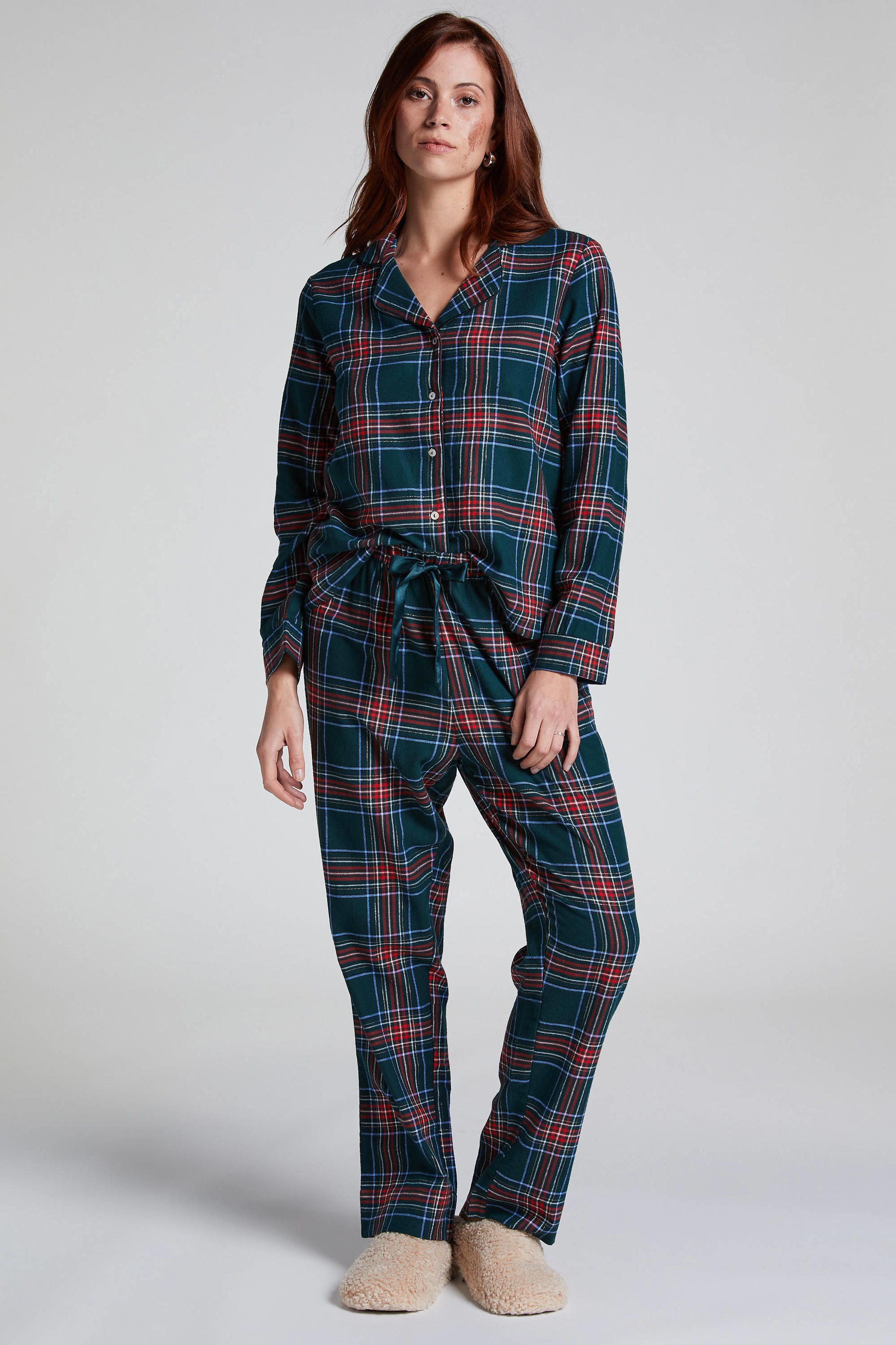 Hunkemöller flanellen pyjama donkergroen/rood | wehkamp