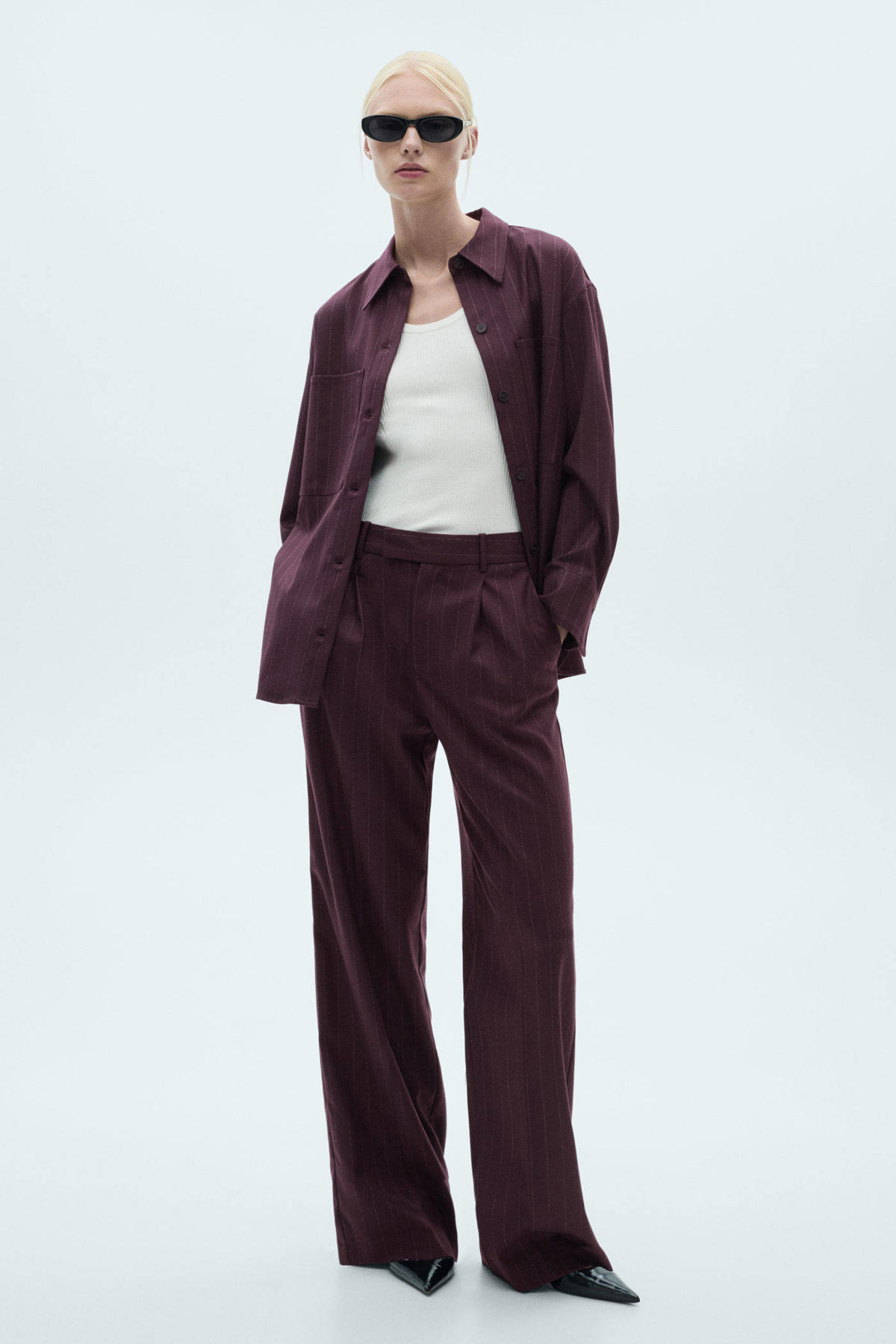 Mango wide leg pantalon met krijtstreep donkerrood | wehkamp