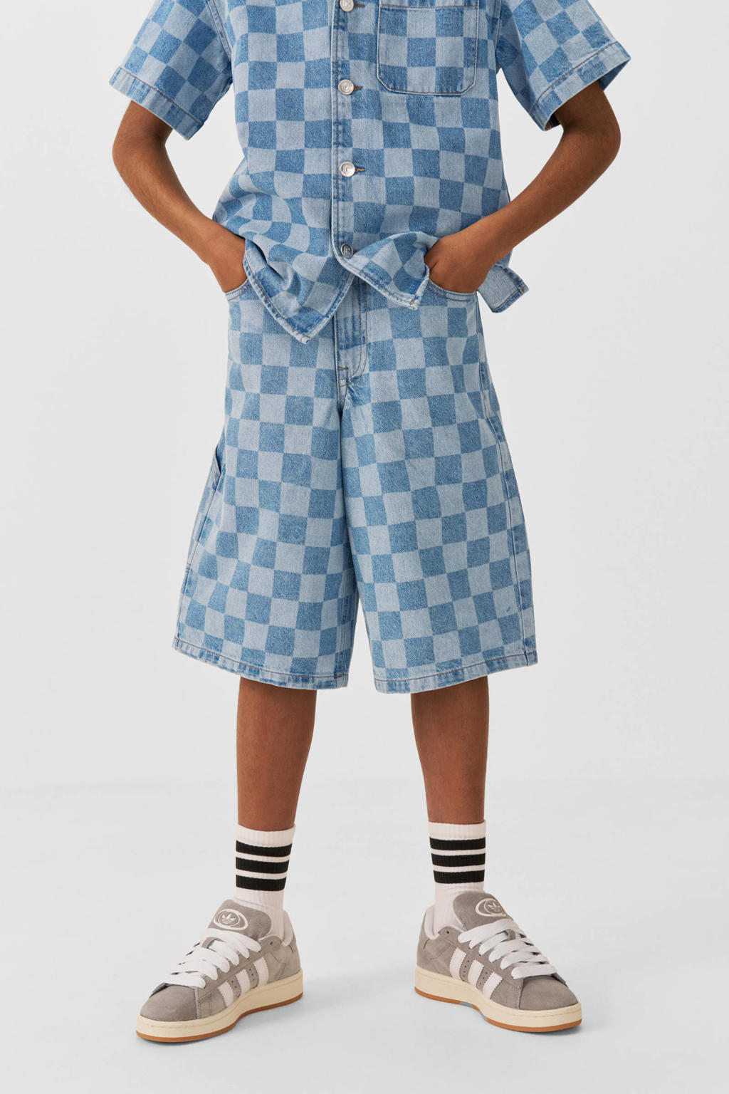 Coolcat denim short Bobby met checkerboard print blauw | wehkamp