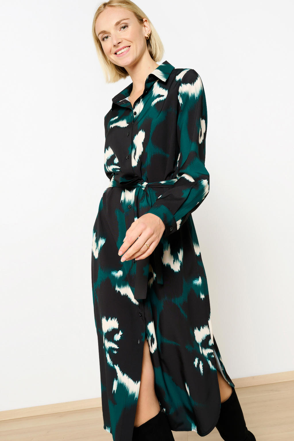 LOLALIZA blousejurk met all over print en ceintuur donkergroen/zwart/wit | wehkamp