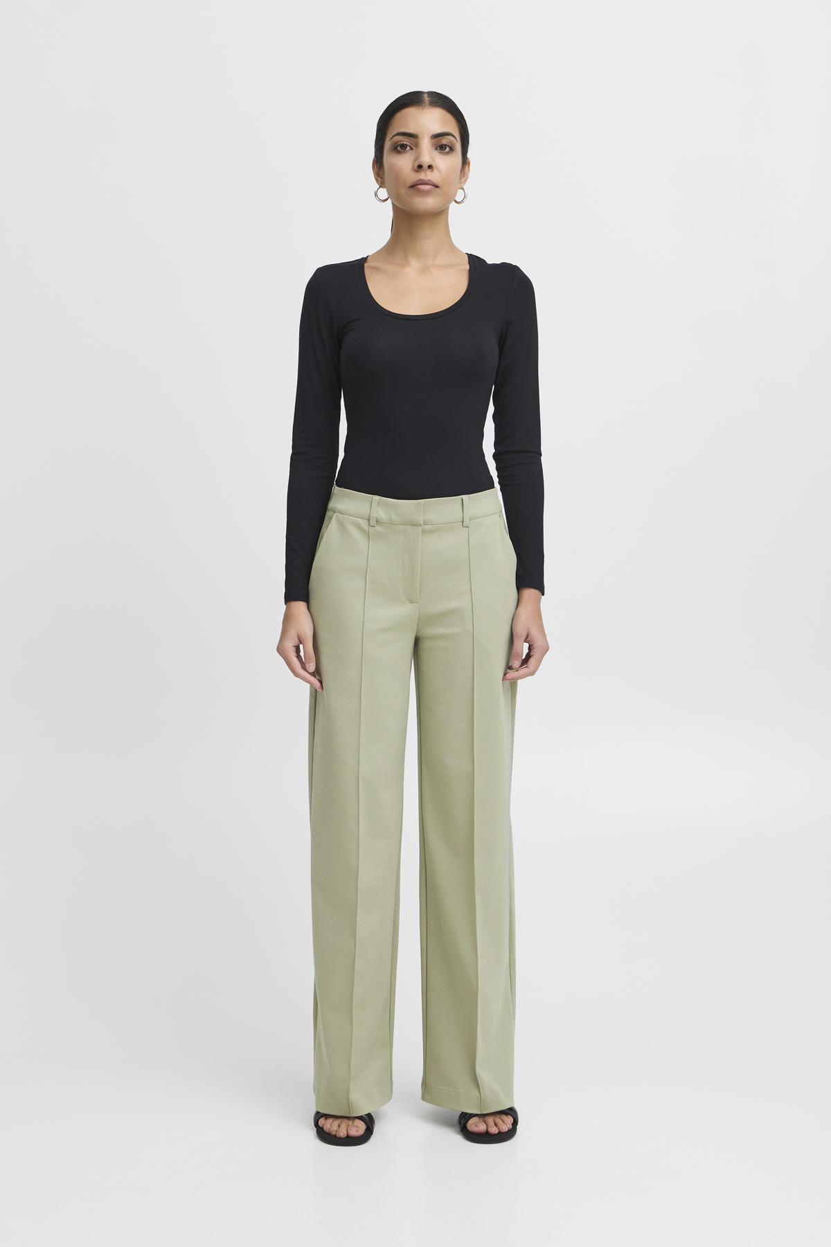 ICHI wide leg regular waist pantalon lichtgroen | wehkamp