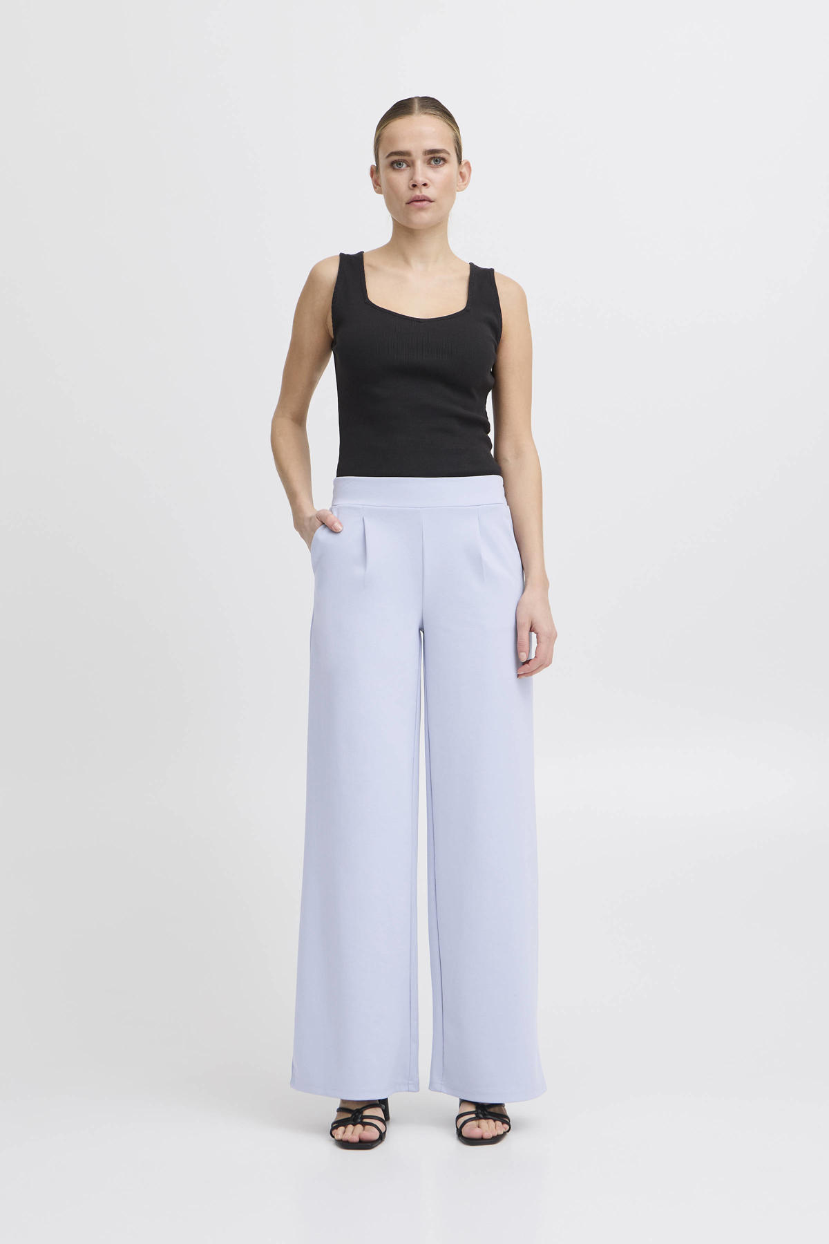ICHI wide leg high waist pantalon lichtblauw | wehkamp