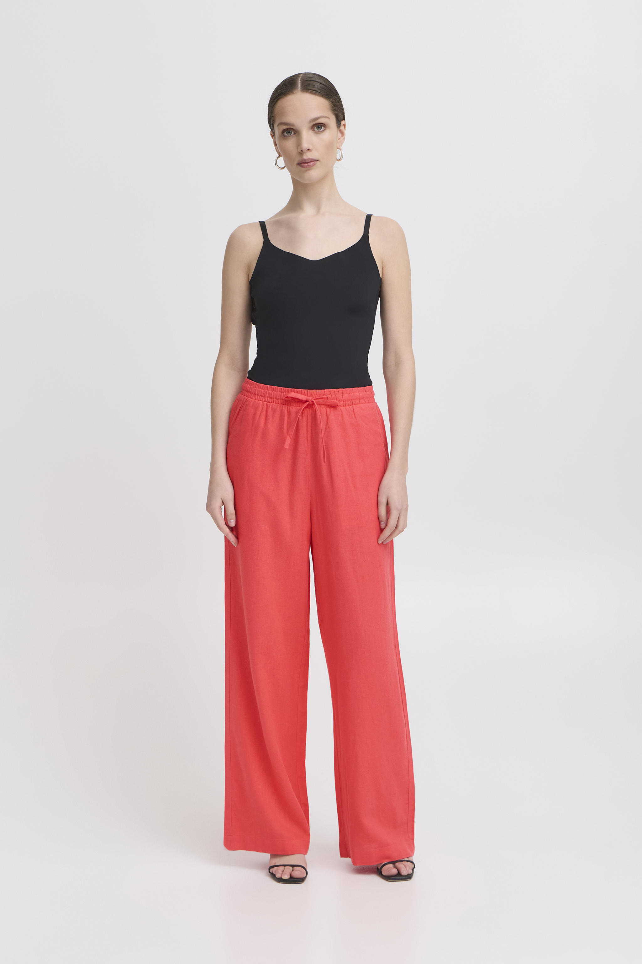 ICHI linnen wide leg casual broek koraalrood | wehkamp