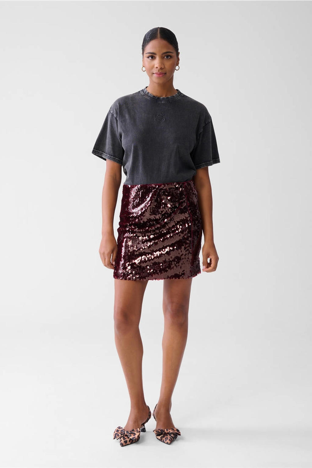 Shoeby korte rok met pailletten donkerrood | wehkamp