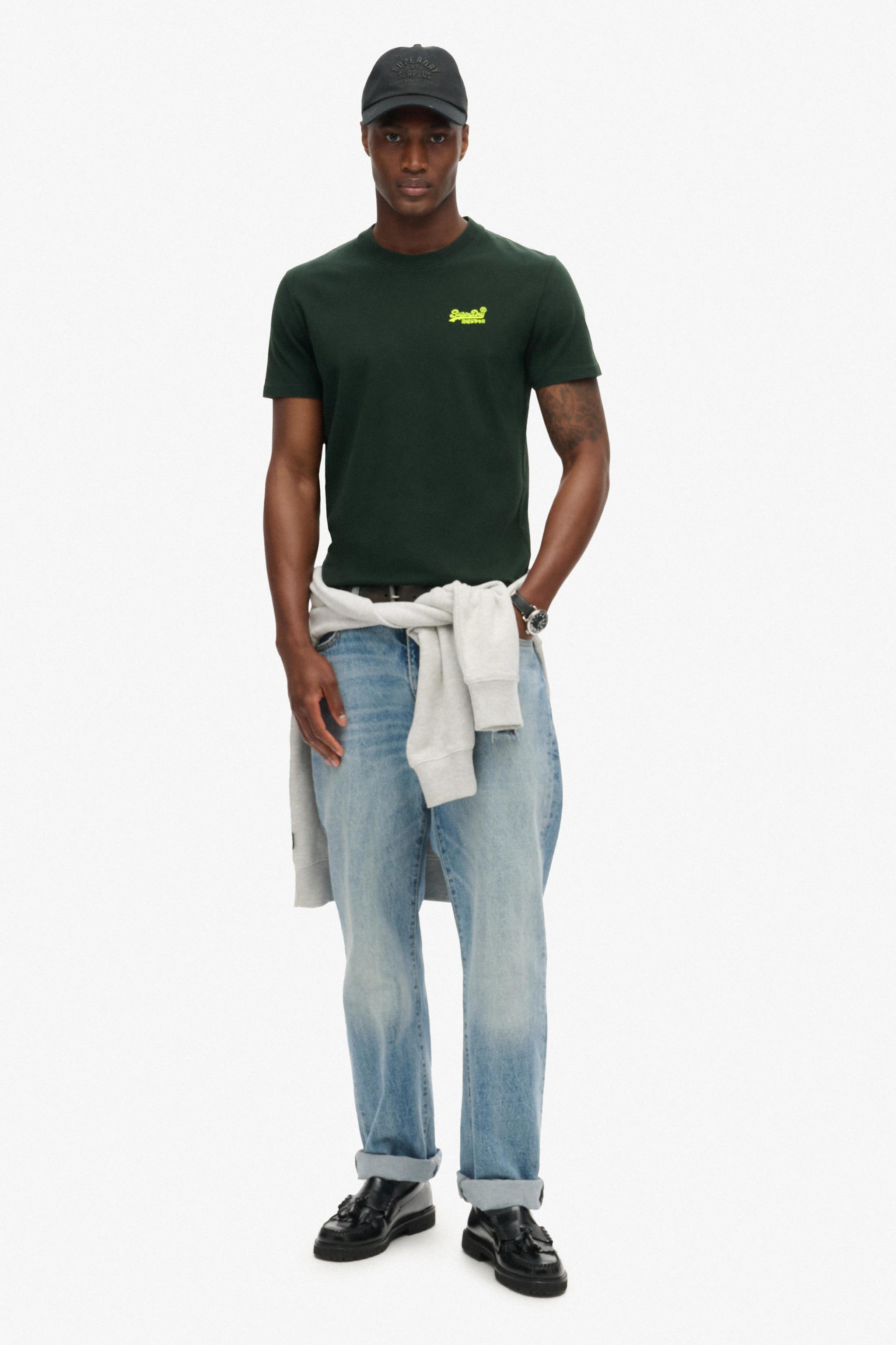 Superdry slim fit t-shirt donkergroen/neongeel | wehkamp