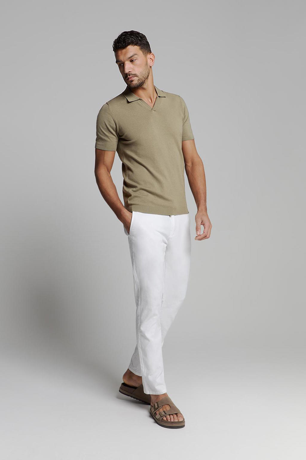 No Excess regular polo fijn gebreid kaki | wehkamp