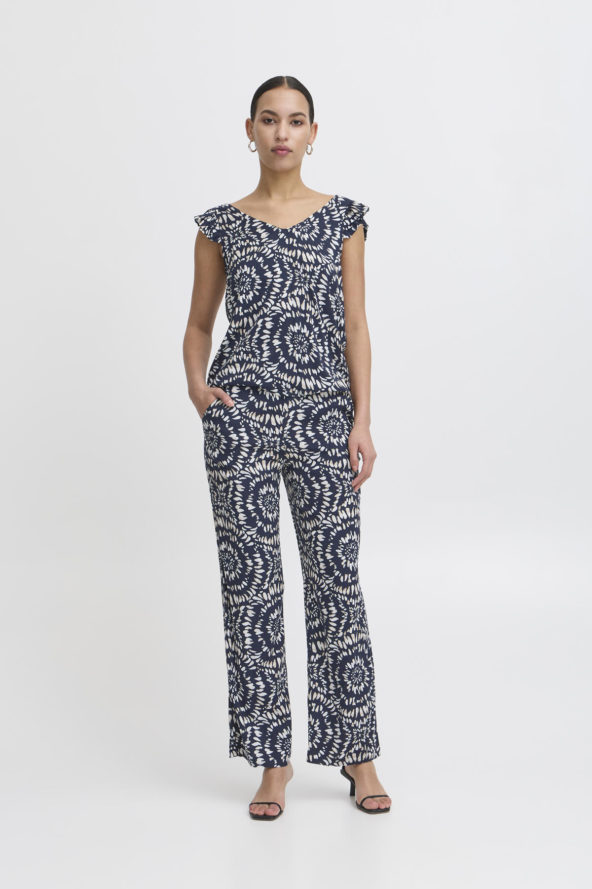 ICHI wide leg regular waist casual broek donkerblauw | wehkamp