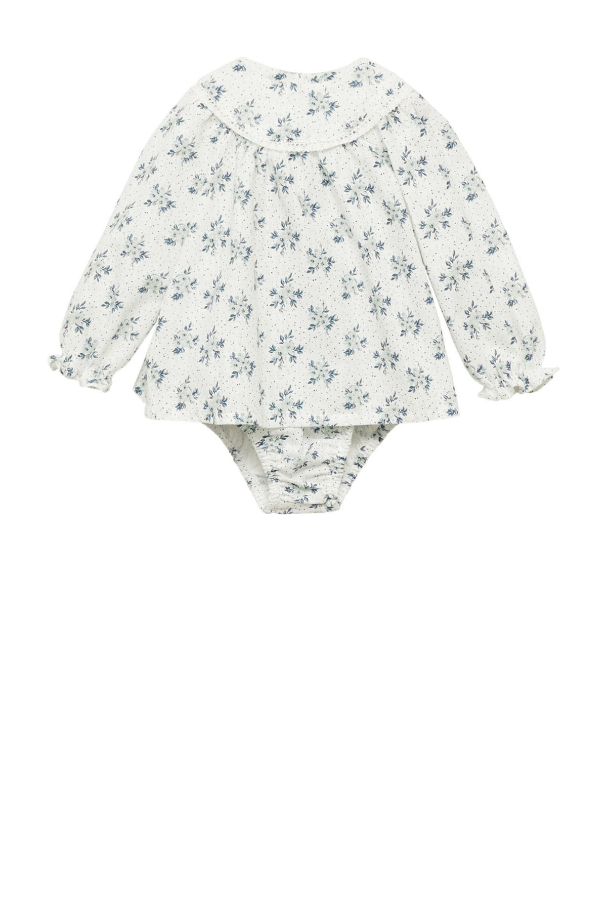 Mango Kids newborn baby jurk met bloomer wit/blauw | wehkamp