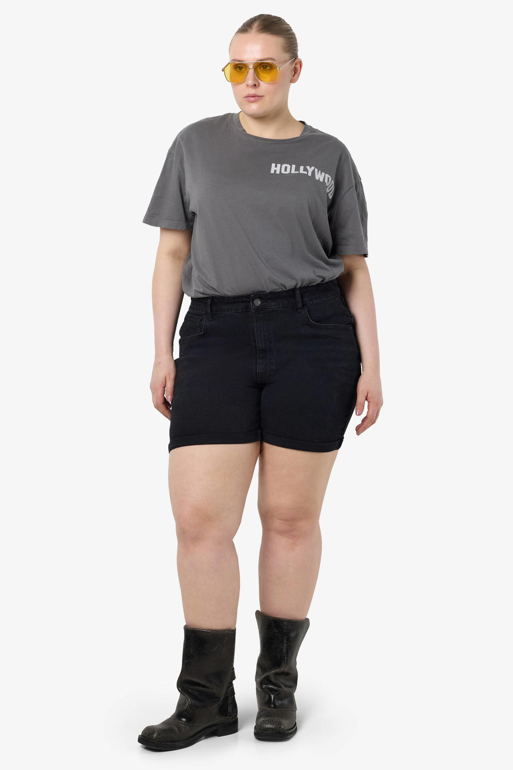 NOISY MAY Curve regular high waist denim short black denim | wehkamp