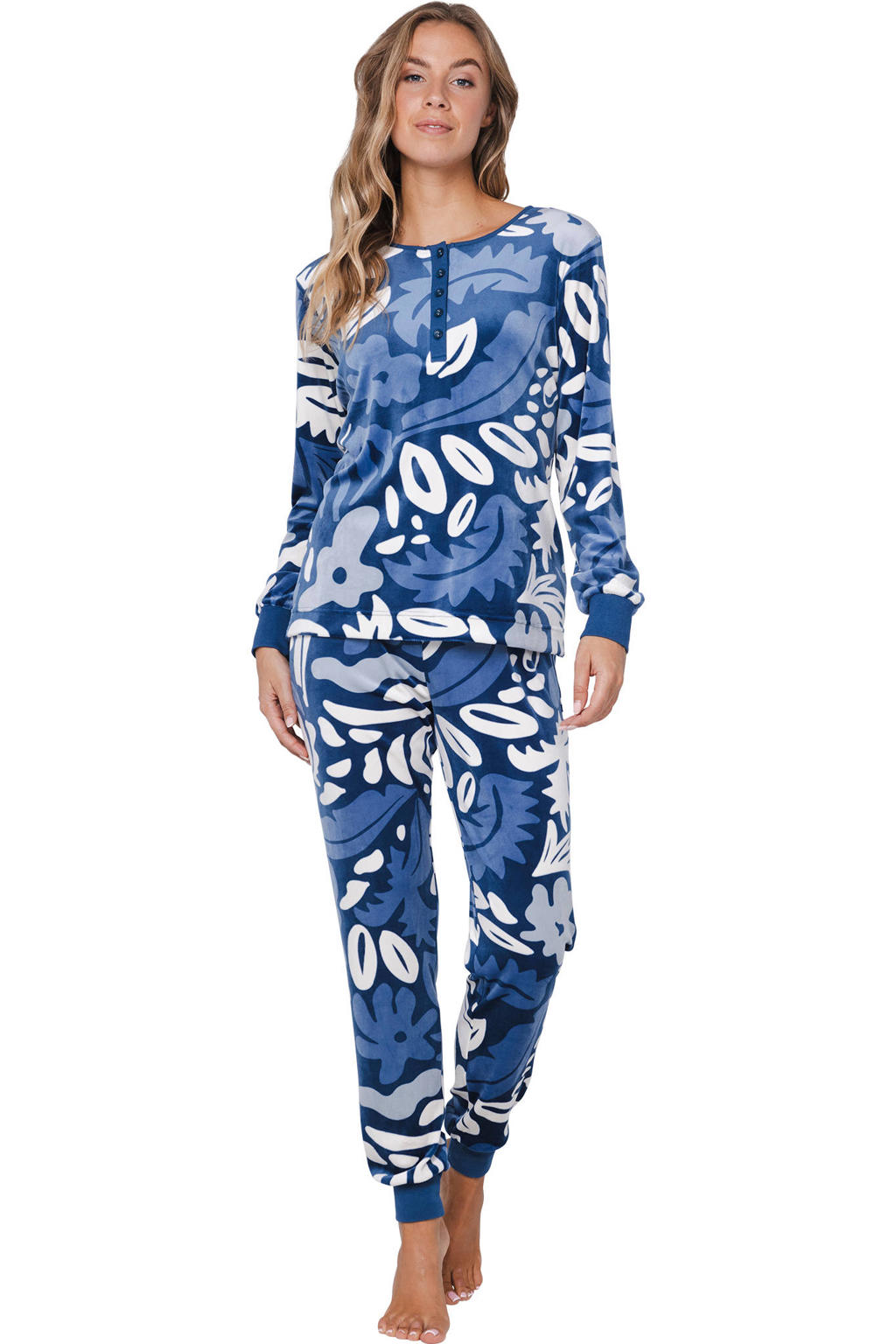 Pastunette fluwelen pyjama donkerblauw/wit/grijs | wehkamp