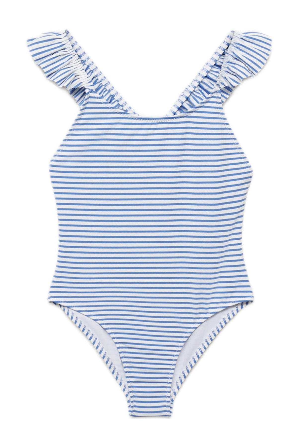 Mango Kids badpak met ruches blauw/wit | wehkamp