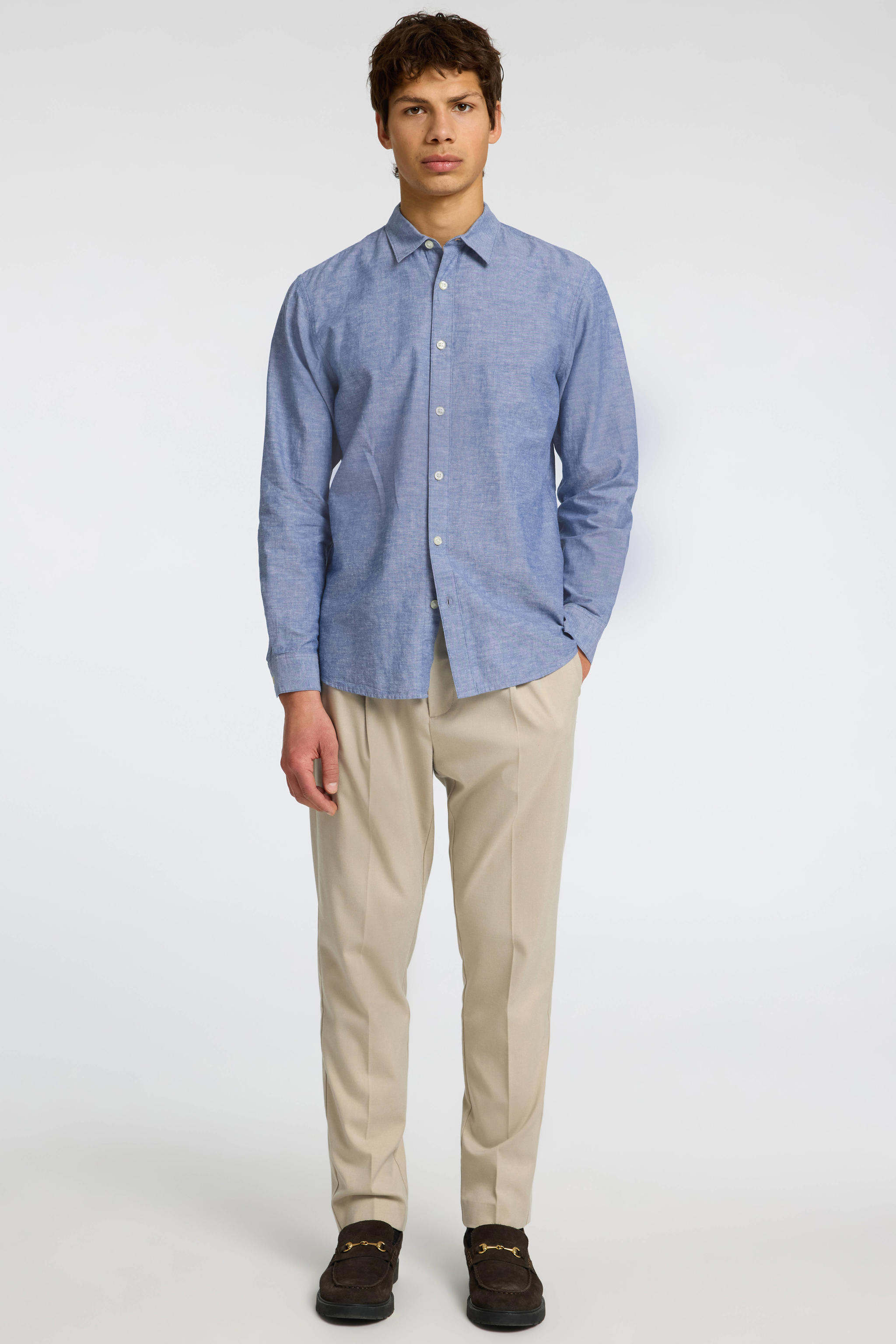 SELECTED HOMME linnen casual overhemd SLHSLIM-SUN blauw | wehkamp
