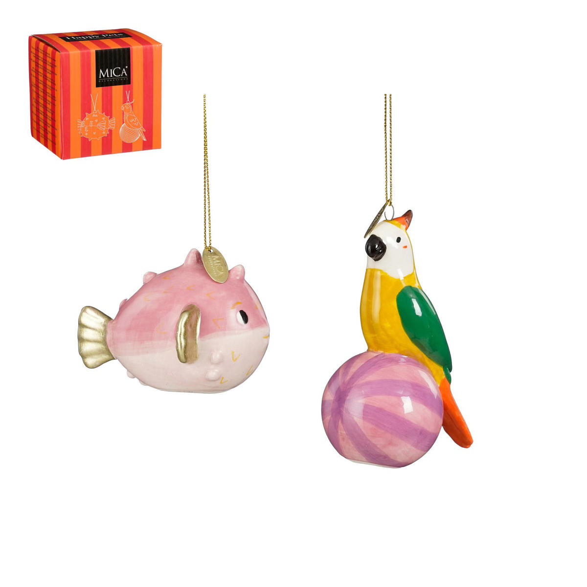 Mica Decorations kerstornament cadeau set - papegaai - vis (2 stuks ...