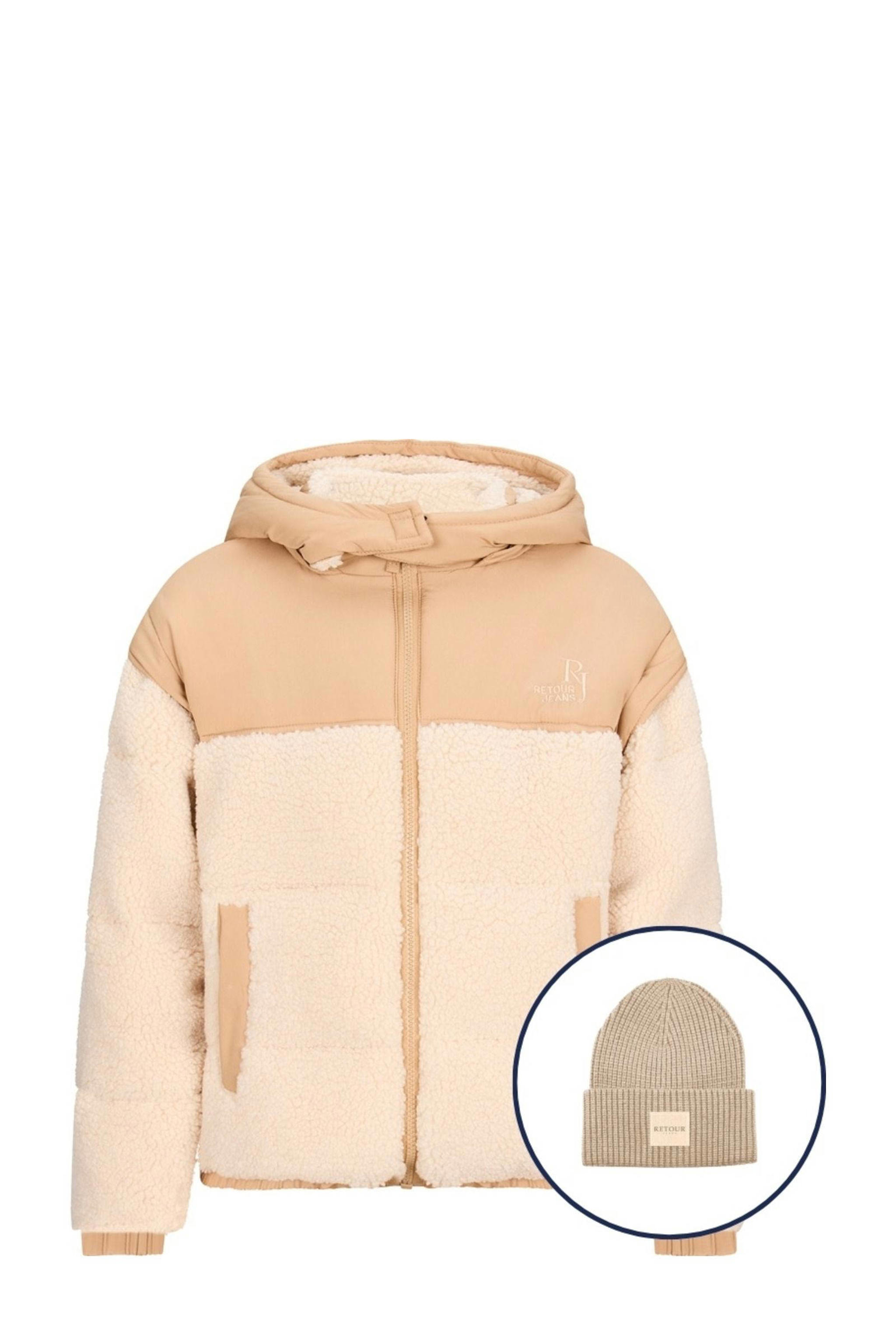 Retour Jeans 2-in-1 teddy jas beige/ecru + muts | wehkamp
